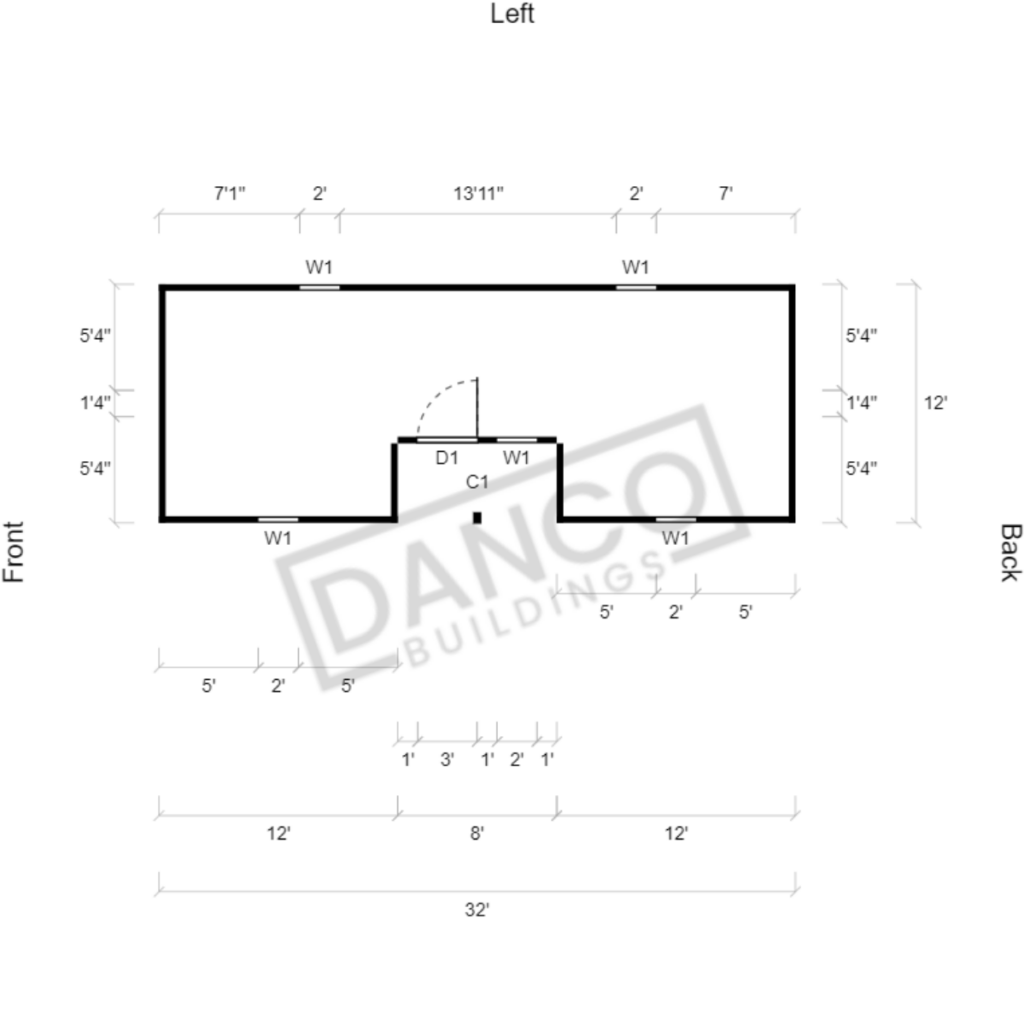 Center Side Porch Cabin 12x32/231555 - DANCO Buildings
