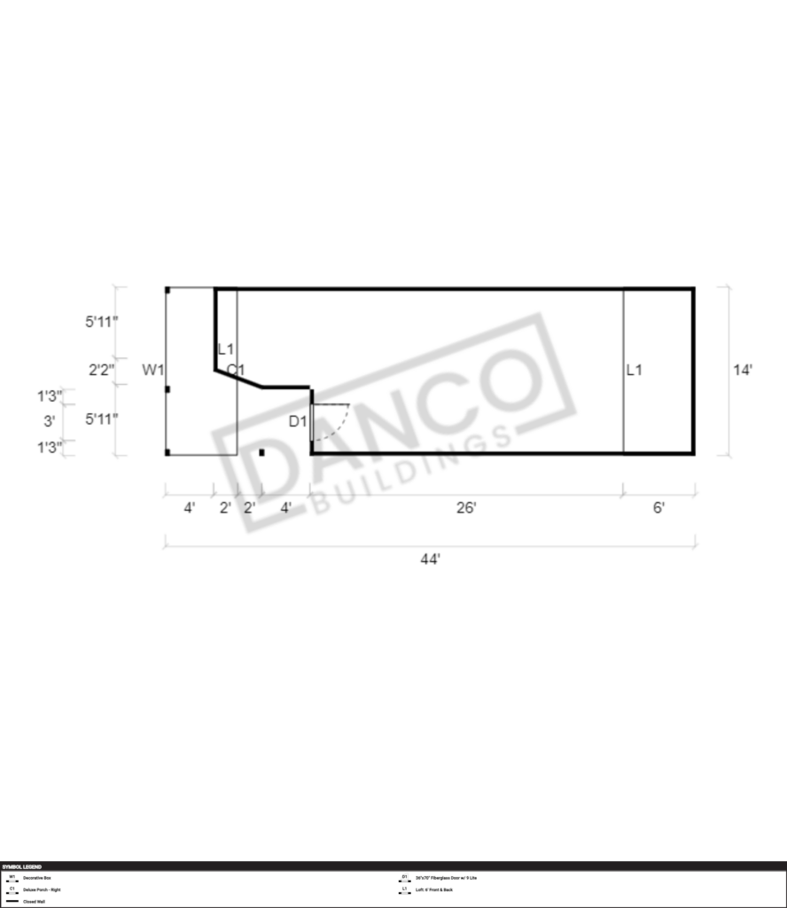 Wraparound Porch Lofted Barn Cabin 14x44 - DANCO Buildings