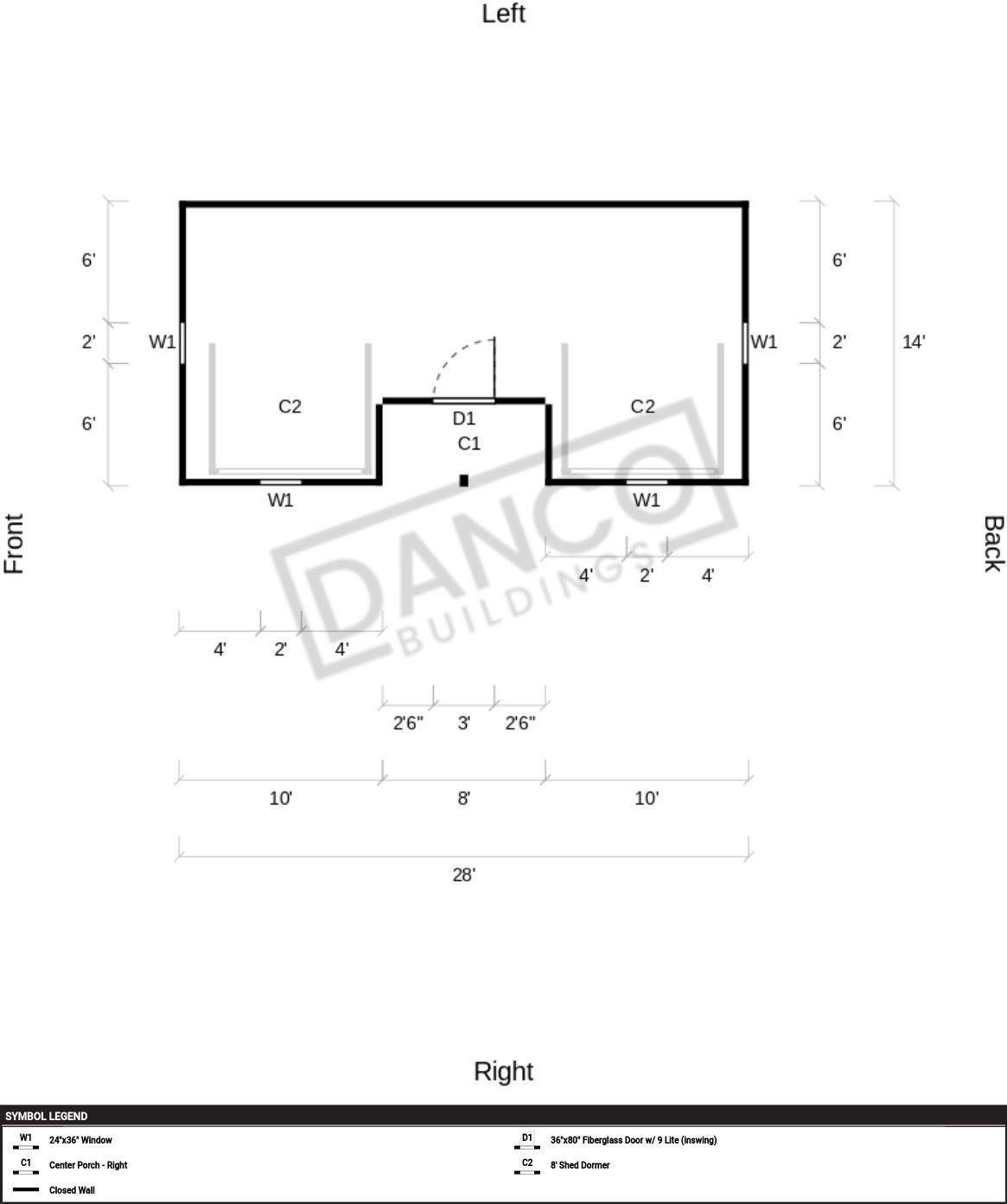 Center Side Porch Cabin 14x28 - DANCO Buildings