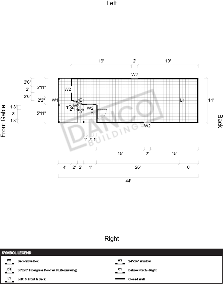 Wraparound Porch Lofted Barn Cabin 14x44 - DANCO Buildings
